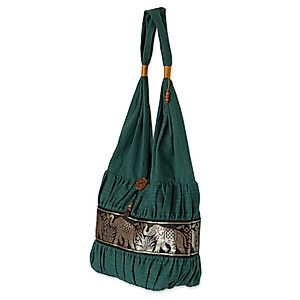 NOVICA Handmade Cotton Shoulder Bag | Green Elephant Embroidery Handbags | Casual Top Long Handle Cotton Handbag | Sling Crossbody | Boho Hippie Hobo | Thailand Animal Themed Bohemian | Emerald Thai