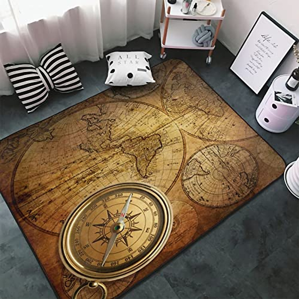 Magical Compass Washable Area Rugs,Old Vintage Retro Compass On World Map Soft Large Floor Carpets Non-Skid Rug for Kids Room Living Room Bedroom Home Decor 6.6x4 Ft