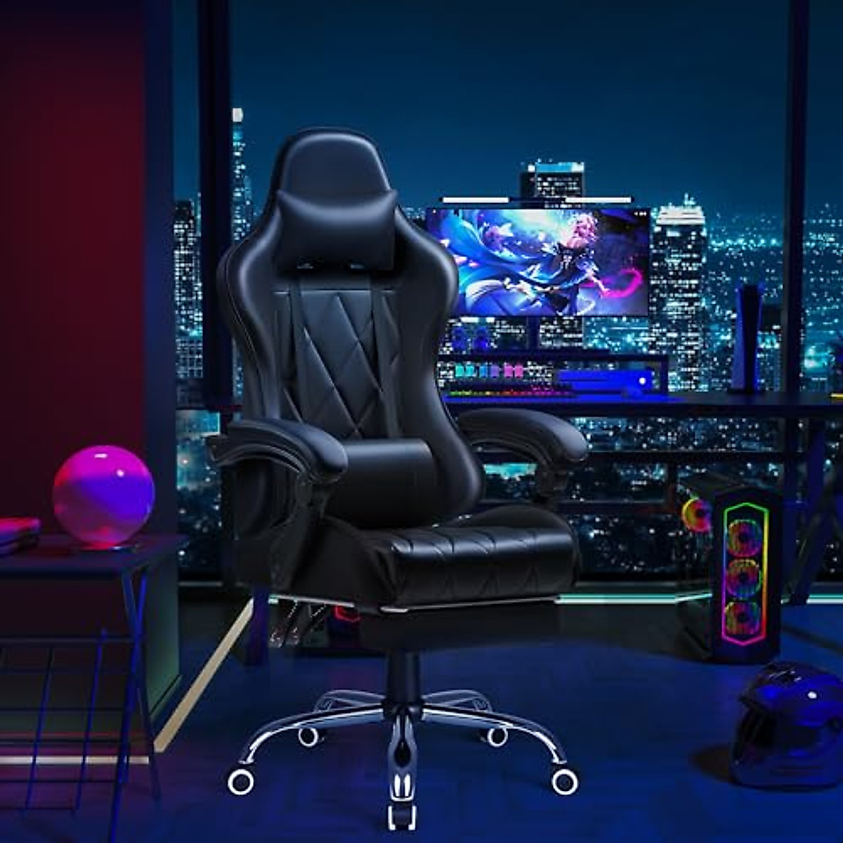 Shahoo Gaming Chair with Footrest and Massage Fuction Lumbar Support, 360°Swivel and Height Adjustable Seat with Headrest for Office or Bedroom, Study Room, Black