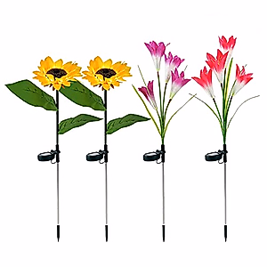 JHBOX Solar Flower Lights 4 Pack Combo - 2 Sunflower Lights and 2 Lily Flowers Garden Light, Solar Christmas Lights Garden Stakes for Winter Outdoor Decor, Holiday Lighting for Patio, Pathway, Yard