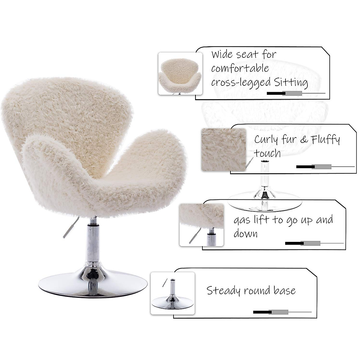Wahson Faux Fur Armchair Modern Accent Chair with Chrome Base Leisure Swivel Chair Height Adjustable,Occasional Chair for Living Room/Bedroom/Lounge (Cream-Curly Fur)
