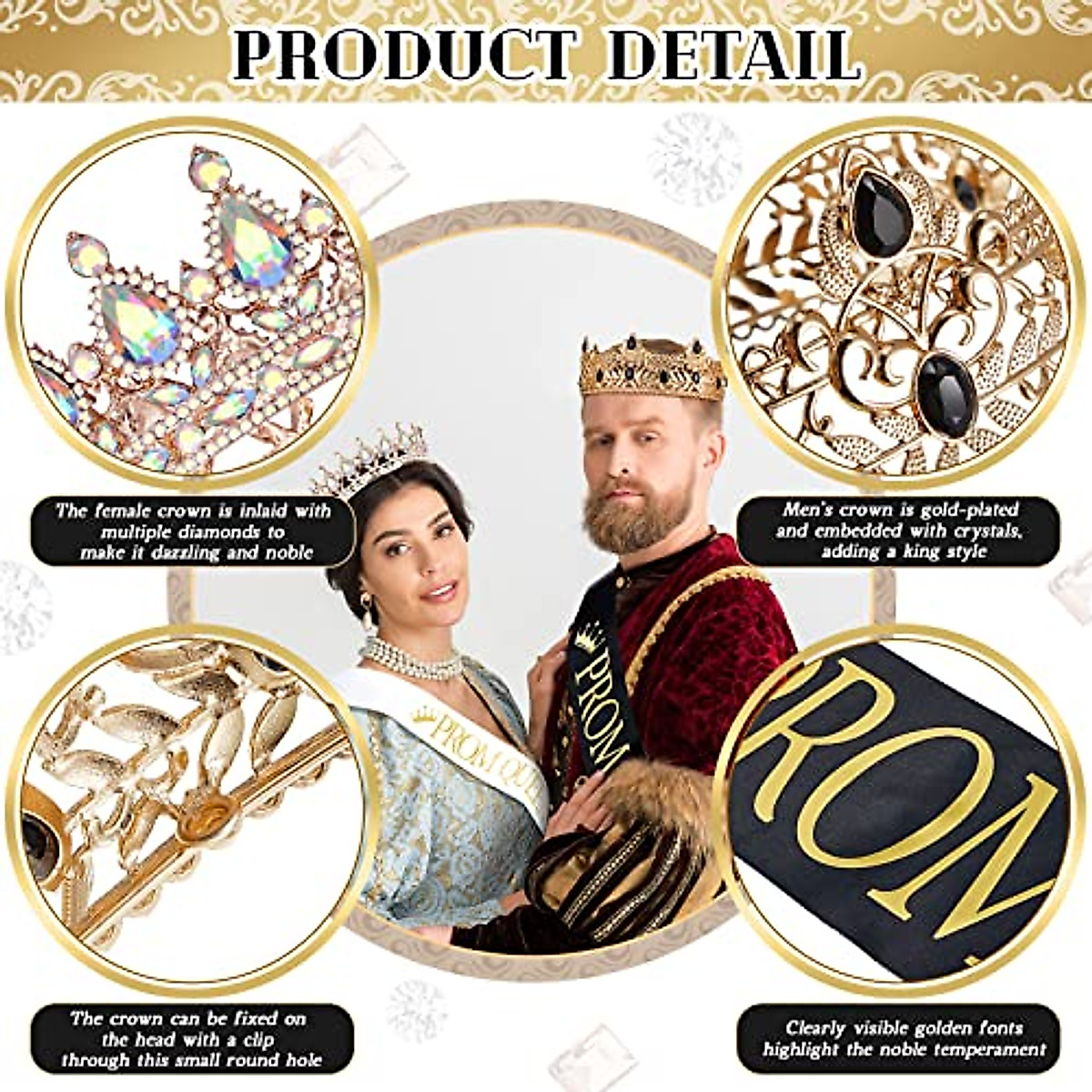 4 Pieces Gold King Crown Tiara Crowns for Men Women Prom Queen and King Satin Sash Rhinestone Crown for Wedding Graduation (AB Diamond, 5.9 x 2.5 Inch, 5 x 2 Inch)