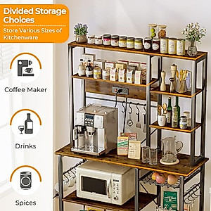 SUPERJARE Large Bakers Rack with Power Outlets, 6-Tier Microwave Stand, Coffee Bar with 12 S-Shaped Hooks, Kitchen Shelf with Wire Basket, 39.3 x 15.5 x 66.9 Inches, Rustic Brown