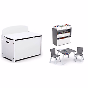 Delta Children MySize Deluxe Toy Box - Greenguard Gold Certified, Bianca White & 4-Piece Toddler Playroom Set, Grey/White