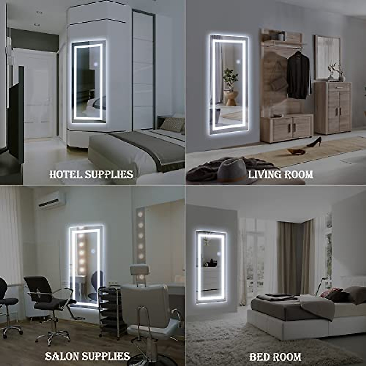 QiMH Vertical 47x22 Inch Wall Mounted LED Lighted Vanity Mirror with Aluminum Frame Backlit, 3 Colors Dimmable Light, Bedroom and Bathroom Hanging Rectangle Whole Body Mirror