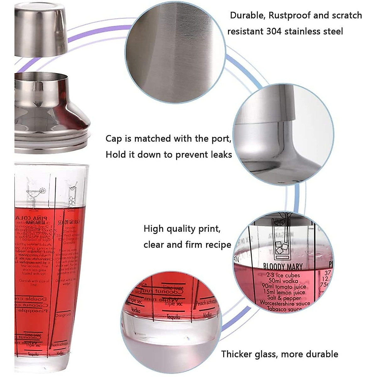 Mixixi Cocktail Shaker, 12oz Glass Martini Shaker, Recipes Measured Mixing Stainless Steel Top Cobbler Shaker