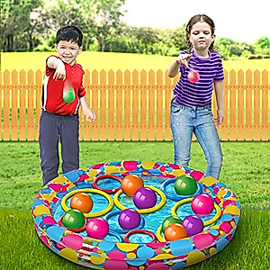 Gamie Floating Ring Toss Game for Kids, Outdoor Carnival Game Set with Inflatable Pool, Floating Rings, and Colored Plastic Balls, Outdoor Games for Family and Backyard Parties