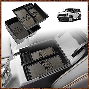 TripleAliners Center Console Organizer Compatible with 2021-2024 Ford Bronco(No for Sport) Accessories 6th Gen Bronco 2/4-Door Center Console Storage Box ABS Material with Leather Trim(V2_Retro Grey)