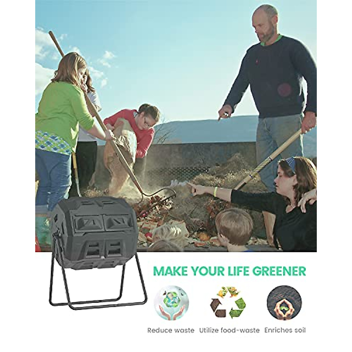 2021 Upgraded Tumbling Composter with Compost Thermometer - Dual Chamber Garden Compost Bin(43 Gal, Green)