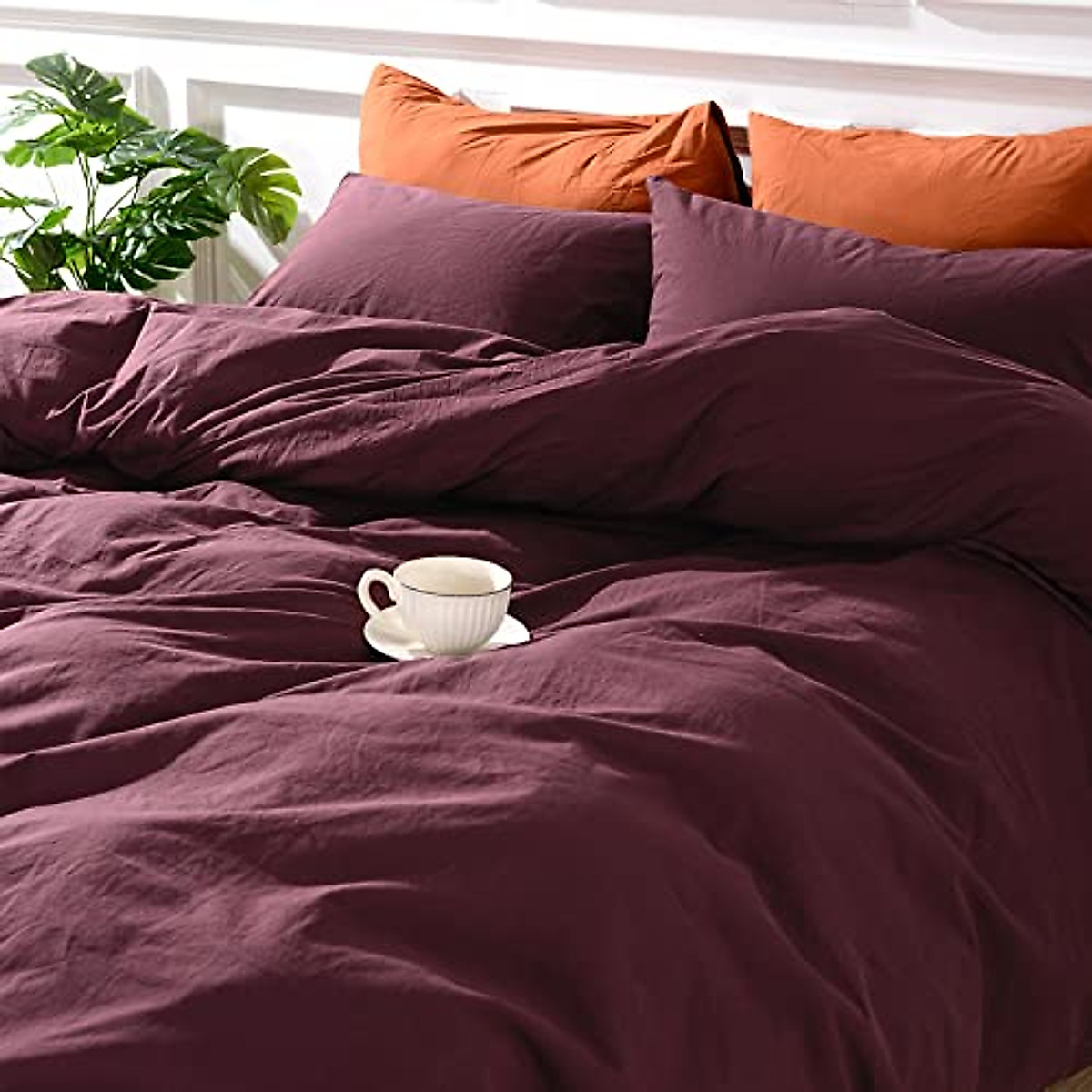 NEXHOME PRO Duvet Cover Set King Size Linen Look Textured Organic Natural 100% Washed Cotton Duvet Cover Burgundy Dark Red 3 Pieces Bedding Set with Zipper, Breathable, Soft (No Comforter)