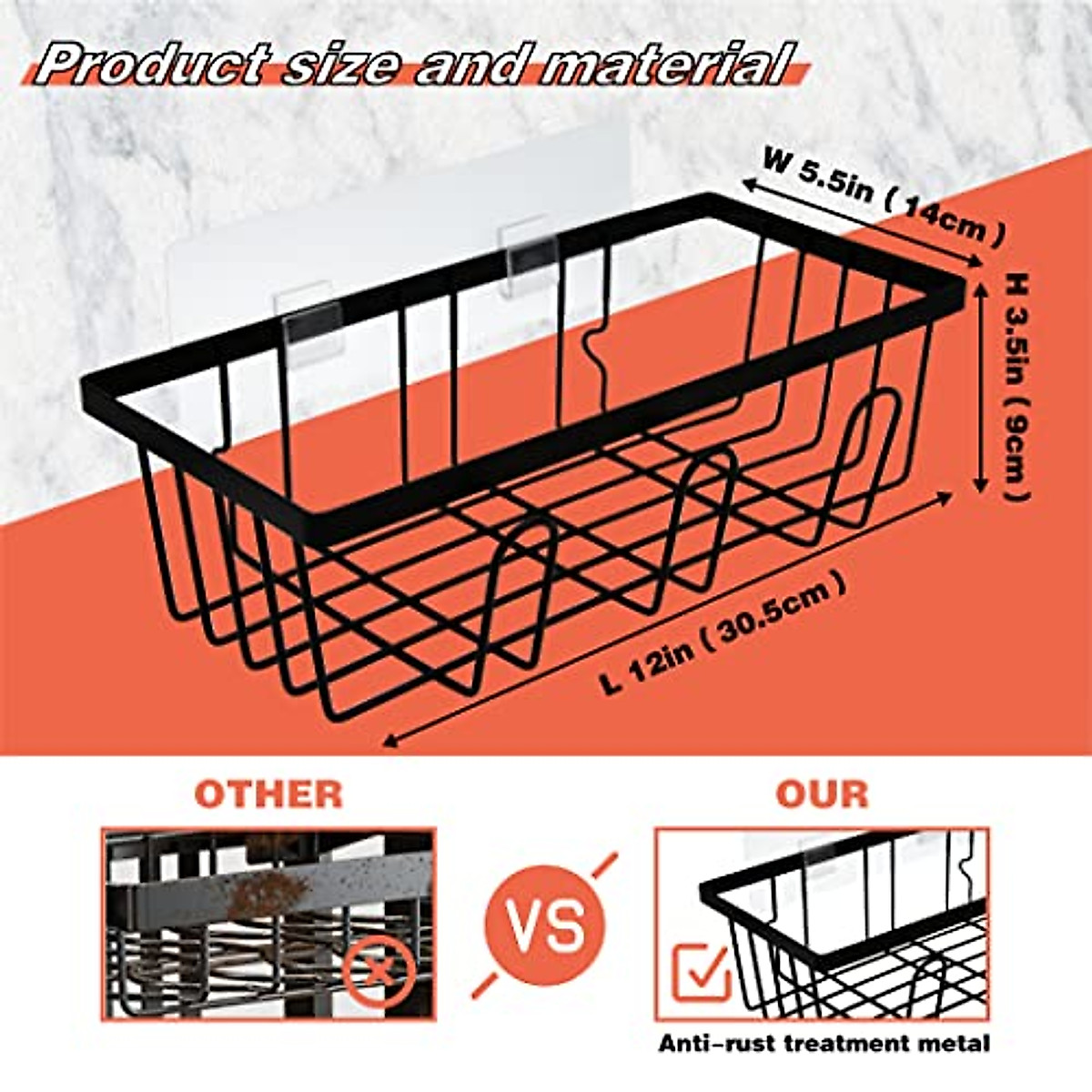PoPThinG Shower Caddy, Bathroom Storage Shelf, Shampoo Organizer Basket with 3 Hooks and 2 Paste Adhesive. Large Capacity, Not Easy to Fall. Rust Proof Metal Shower Rack, Kitchen Storage. ( Black )