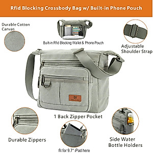 Anti-theft Crossbody Bag, Rfid Messenger Bag with Water Bottle Holders, 13 inch Shoulder Laptop Bag W/Built-in Wallet for Work, Travel, Tool, Commute, Camera, Grey