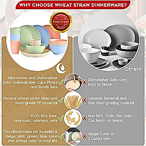 GATO Wheat Straw Dinnerware Sets (12pcs) - Microwave Safe, Eco-Friendly & Reusable Dinnerware Set for Kids, Adults - Includes Unbreakable, Dishwasher Safe Plates, Bowls, & Cups - Multicolor Design