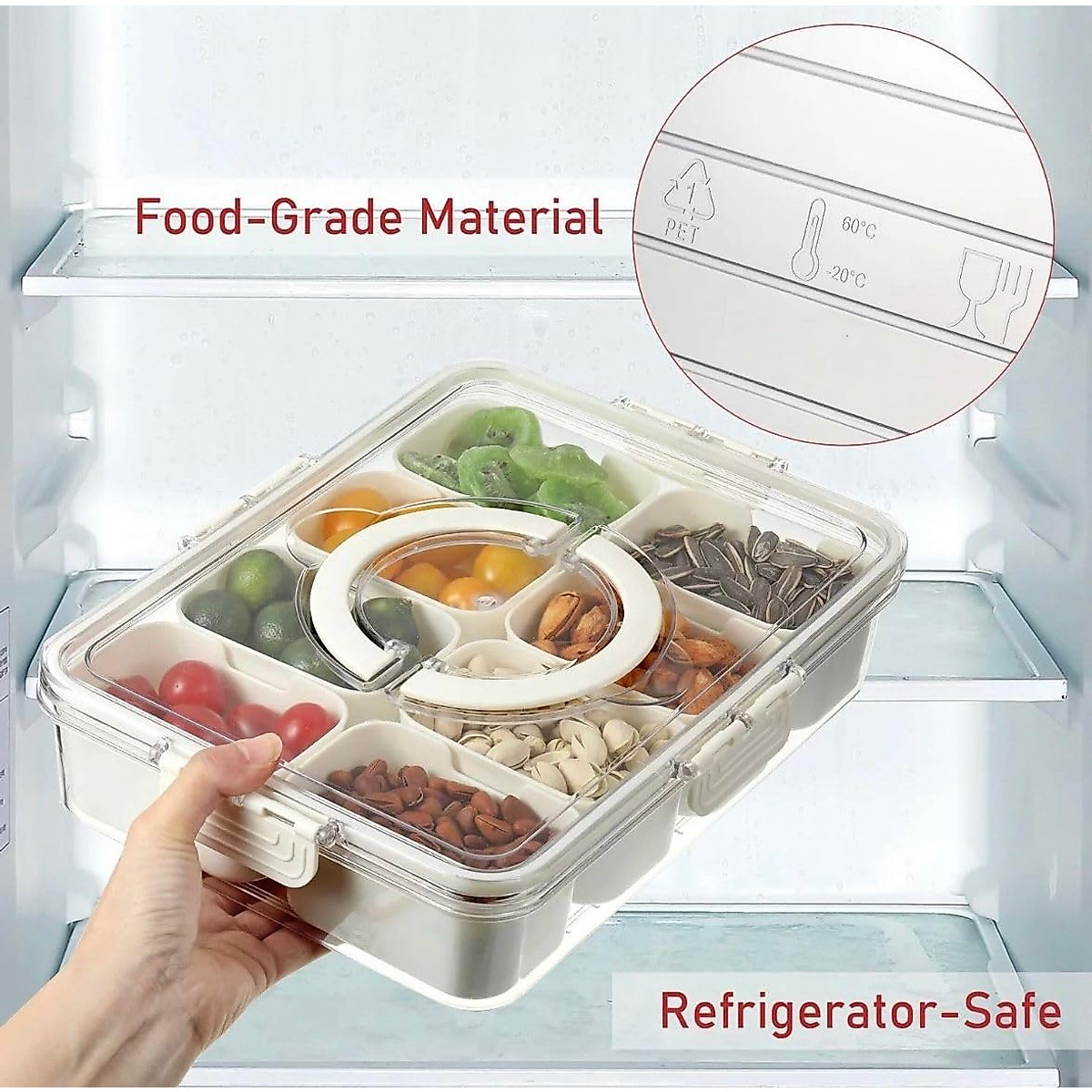 Generic Snack Box Container- Lunch Containers for Adults- Divided Serving Tray with Lid and Handle- Snack Tray Organizer- Snackle Charcuterie Boxes for, Adults, Travel, Party and Picnic., White
