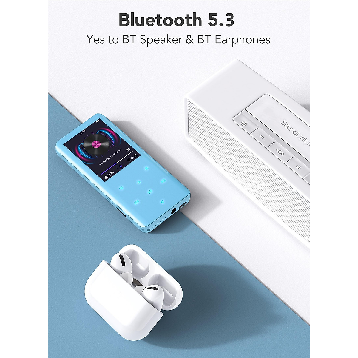 MP3 Player with Bluetooth 5.3, AGPTEK A19X 2.4" Curved Screen Portable Music Player with Speaker Lossless Sound with FM Radio, Voice Recorder, Built in 32GB, Supports up to 128GB, Blue