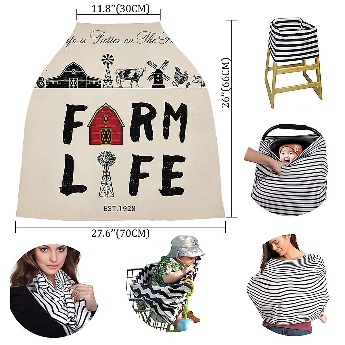 Breastfeeding Nursing Cover Multi Use for Baby Car Seat Life is Better On The Farm Western American Style Stretchy Breathable Scarf Shawl for Stroller High Chair Shopping Cart Canopy for Boys Girls