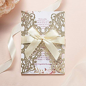 AdasBridal 50Pcs Glitter Floral Laser Cut Wedding Invitation Cards with Envelope Blank Inner Sheet and Ribbon for Wedding Engagement Bridal Shower Party Invite(7.09 X 4.92inch, Gold)