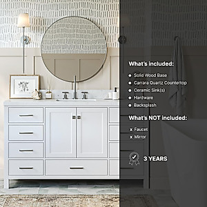 ARIEL Cambridge 60" White Bathroom Vanity, 1.5" Edge Carrara White Quartz Countertop & Splash, Rectangular Sink, 2 Soft Closing Doors, 9 Full Extension Dovetail Drawers, Brushed Nickel