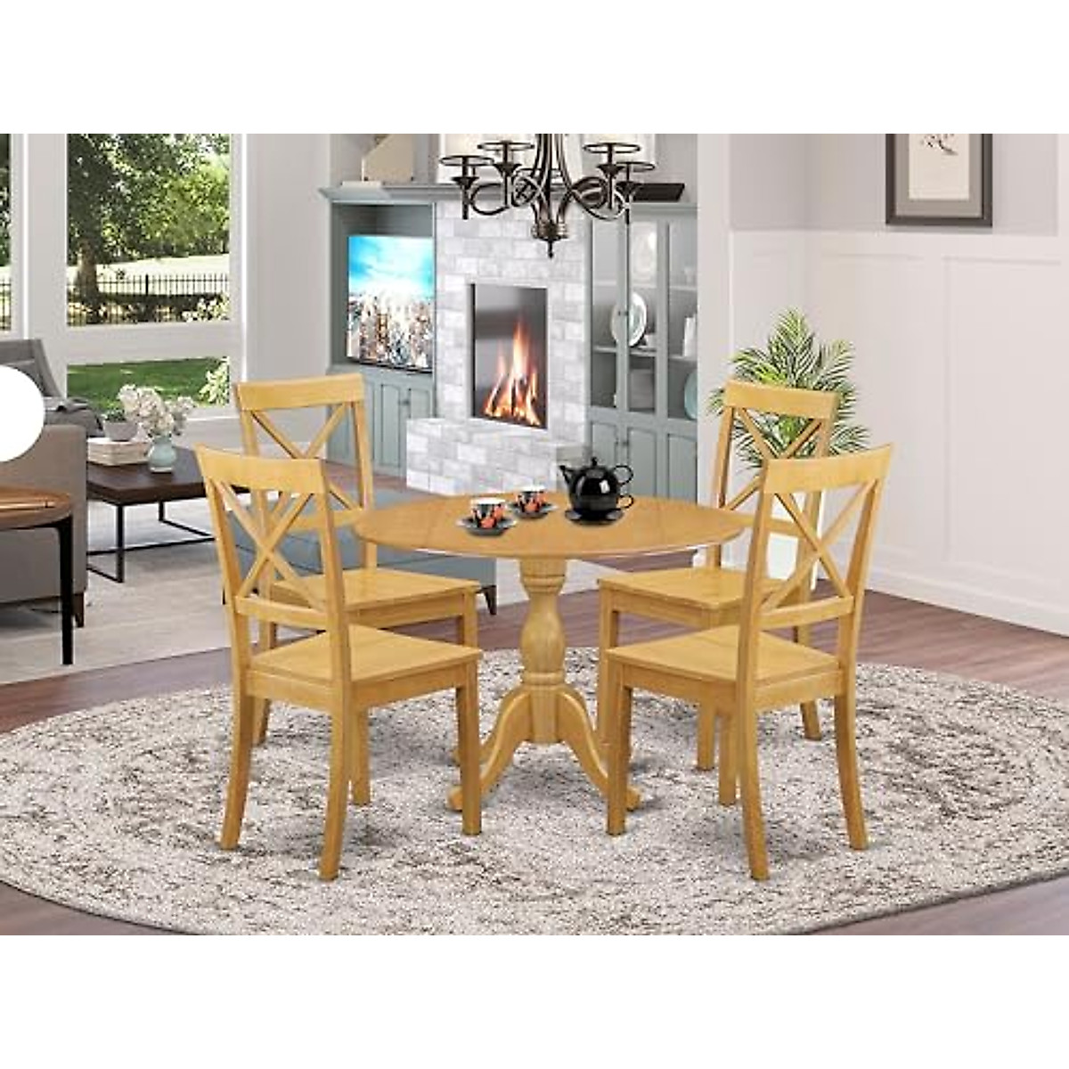 East West Furniture DMBO5-OAK-W 5 Piece Kitchen Table & Chairs Set Includes a Round Dining Table with Dropleaf and 4 Dining Room Chairs, 42x42 Inch, Oak