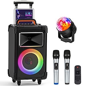 JYX Karaoke Machine with 2 Mics and Disco Light,Livestream Speaker PA System Sbuwoofer with 8 Sound Effects,Lyrics Display Holder,LED Lights,Treble/Bass Adjustment, Support TWS/REC/FM/USB/SD/AUX-in