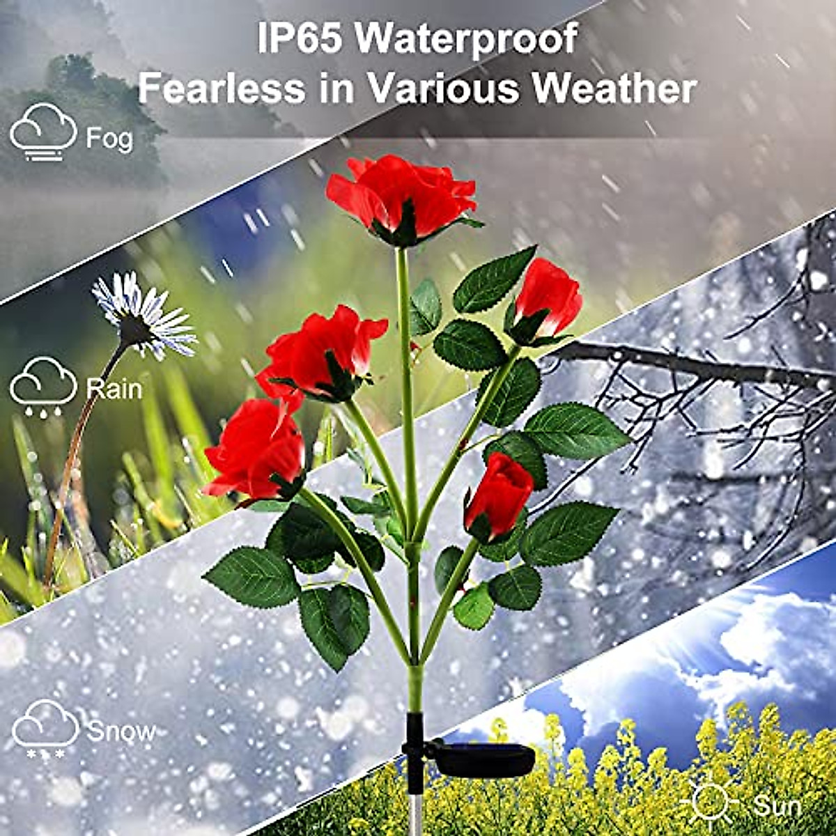 HELESIN Solar Rose Flower Lights, 10 Roses Solar Flowers Lights Outdoor Garden Waterproof 2 Pack, Solar Decorative Lights for Patio Pathway Courtyard Garden Lawn, Red