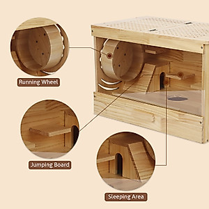 Nisorpa Hamster Cage, Wooden Hamster Habitats with Runner's Carousel & Acrylic Windows 2-Tiers Mice and Rat House Openable Top, Ventilator,Pull-Out Tray for Guinea Pig Chinchilla Small Animal