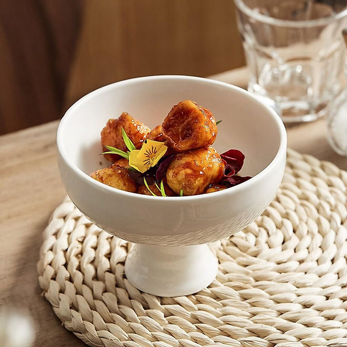 YARDWE Ceramic Footed Bowl Round Bowl Fruit Bowl Holder Dessert Display Stand Decorative Bowl for Kitchen Table Decor White (5inch)