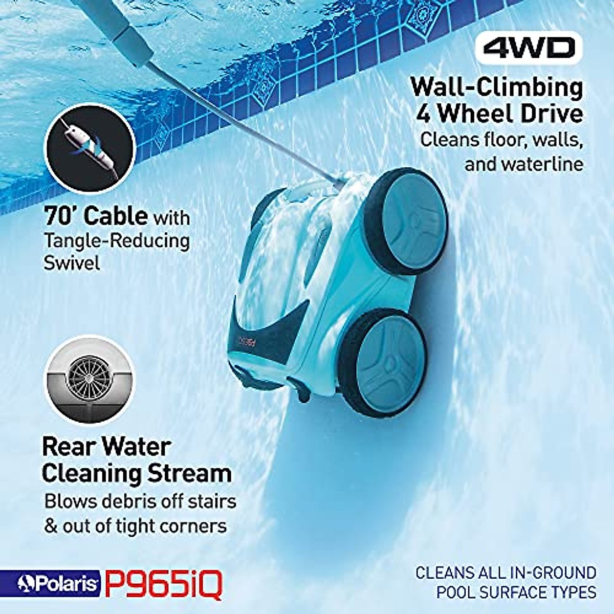 Polaris P965iQ Sport Robotic Pool Cleaner, Automatic Vacuum for InGround Pools up to 60ft, Smart App, WiFi, Amazon Alexa, 70ft Swivel Cable w/Strong Suction & Easy Access Filter Canister