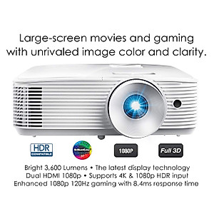 Optoma HD28HDR 1080p Home Theater Projector for Gaming and Movies | Support for 4K Input | HDR Compatible | 120Hz refresh rate | Enhanced Gaming Mode, 8.4ms Response Time | High-Bright 3600 lumens