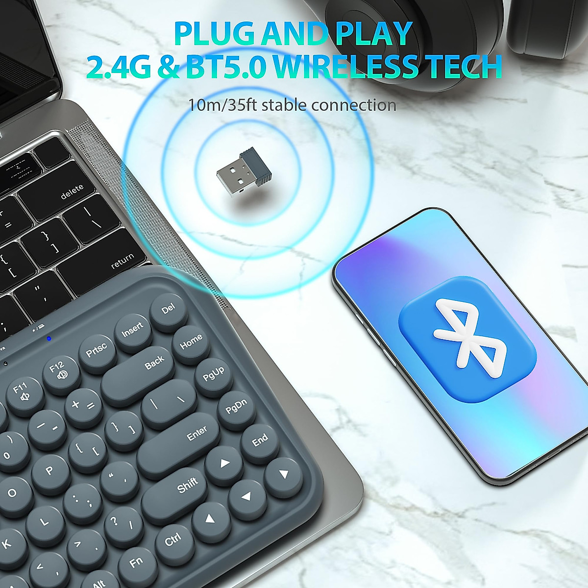 Wireless Bluetooth Keyboard, 2.4GHz Typewriter Retro Keyboard, 84 Keys Portable Office Computer Keyboard with 2xAA Batteries and Cute Floated Round Keycaps for Windows Android PC Laptop Mac iPad, Gray