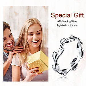 FOCALOOK Womens Vintage 925 Sterling Silver Ring Platinum Plated Olive Leaf Branch Flower Vine Promise Stacking Band Ring (Size 6)