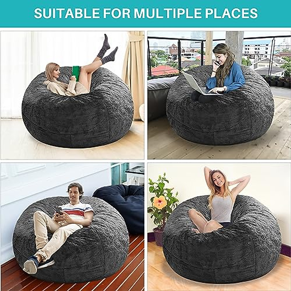 Big Huge Giant Bean Bag Chair for Adults, (No Filler) Bean Bag Chairs in Multiple Sizes and Colors Giant Foam-Filling Required- Machine Washable Covers, Double Stitched Seams (Dark Grey, 150 * 75cm)