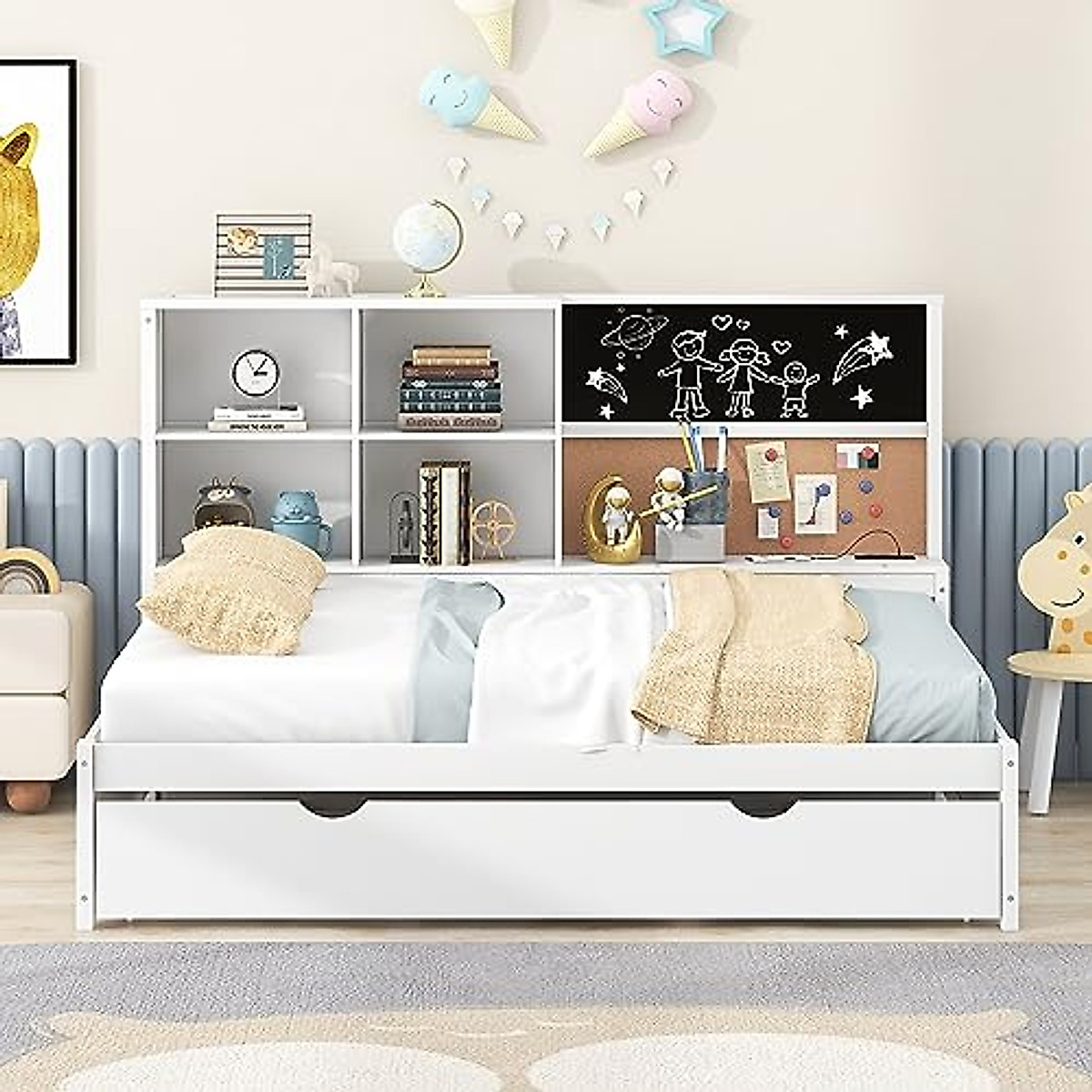 BOVZA Wooden Full Size Daybed with Twin Trundle, USB Ports, Storage Shelves, Blackboard, Cork Board, White