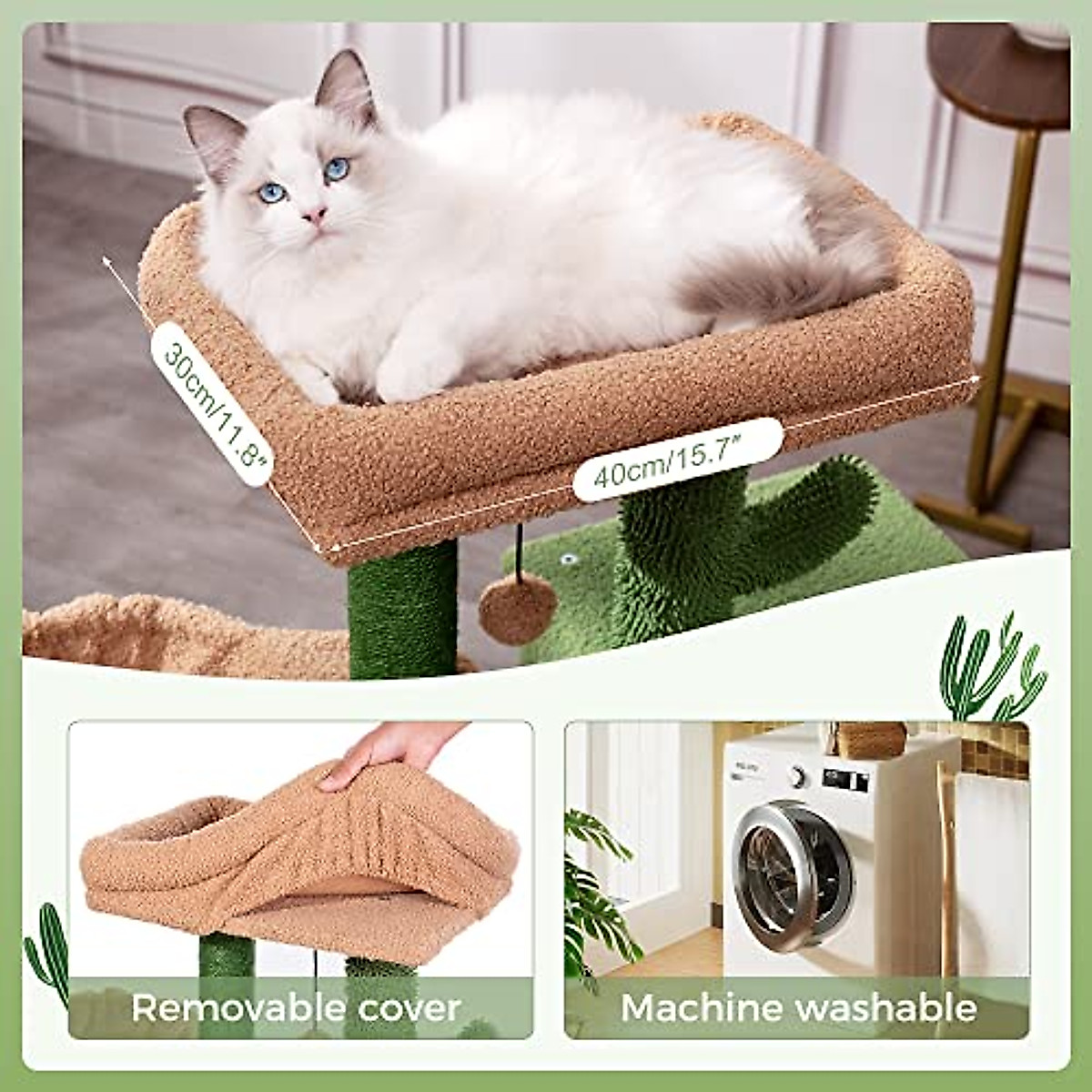 MeowSir Cactus Cat Tree 34 Inches Cute Cat Tower with Padded Top Perch, Comfy Hammock, Private Condo, Fully Scratching Post and Dangling Bell Ball for Indoor Cats- Khaki