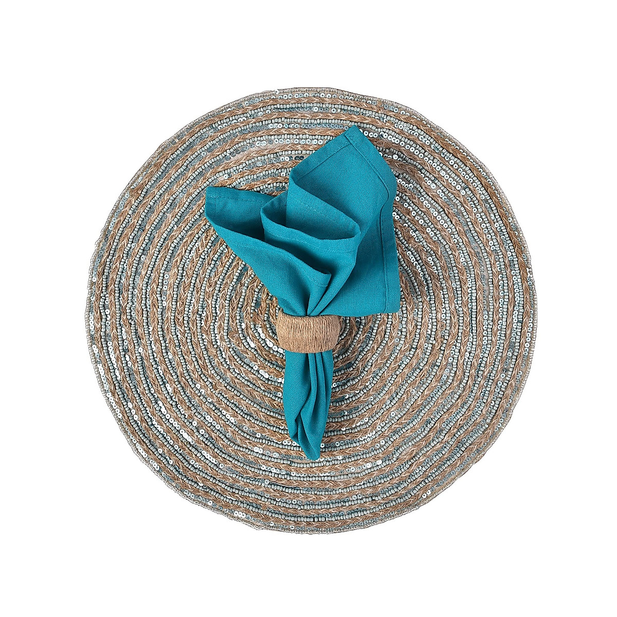 Trunkin USA jute-embroidered-placemat-br-color-teal-natural-br-size-15-round-br-set-of-4