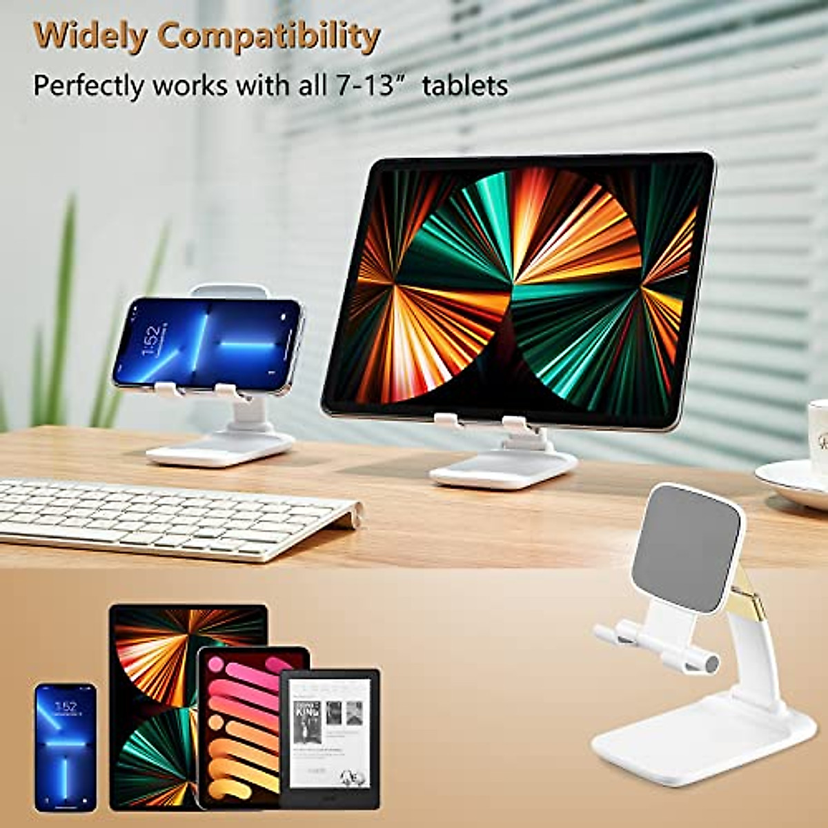 KOTUDAY Cell Phone Stand for Desk, Adjustable Phone Holder for Desk Compatible with Most of The Cell Phones, Such as iPhone 14 Pro Max,Samsung, LG,Sony,One Plus-White