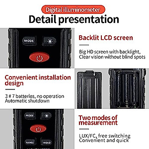Digital Illuminance Light Meter Tester 200,000Lux Meter (18,500FC) Luxmeter Lighting Intensity Brightness Measurement Tool for Indoor Outdoor Grow Plants Film Photography lumens LED Photometer