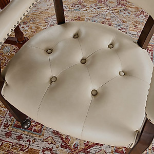Large Dining Chairs with Wheels and Arm , Caster Boss Caption's Chairs with Solid Wood Leg, Office Desk Chairs with Button Upholstered, Classic Swivel Chair, 31.5”H Brown Leg & Beige XXY1910BG