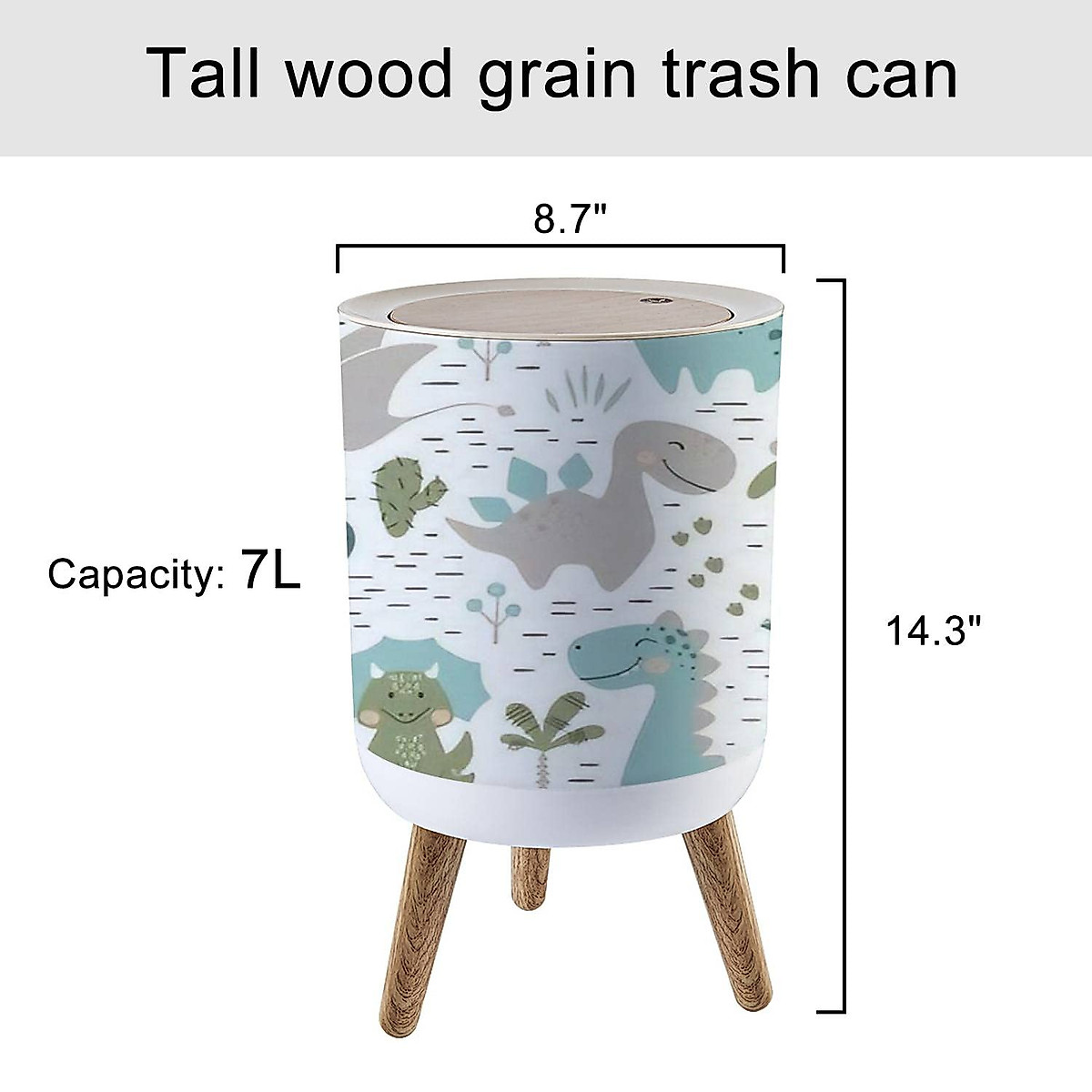 KCDCYCZEAL Small Trash Can with Lid Dinosaur Baby boy Seamless Sweet Dino with Palm and Cactus Round Recycle Bin Press Top Dog Proof Wastebasket for Kitchen Bathroom Bedroom Office 7L/1.8 Gallon