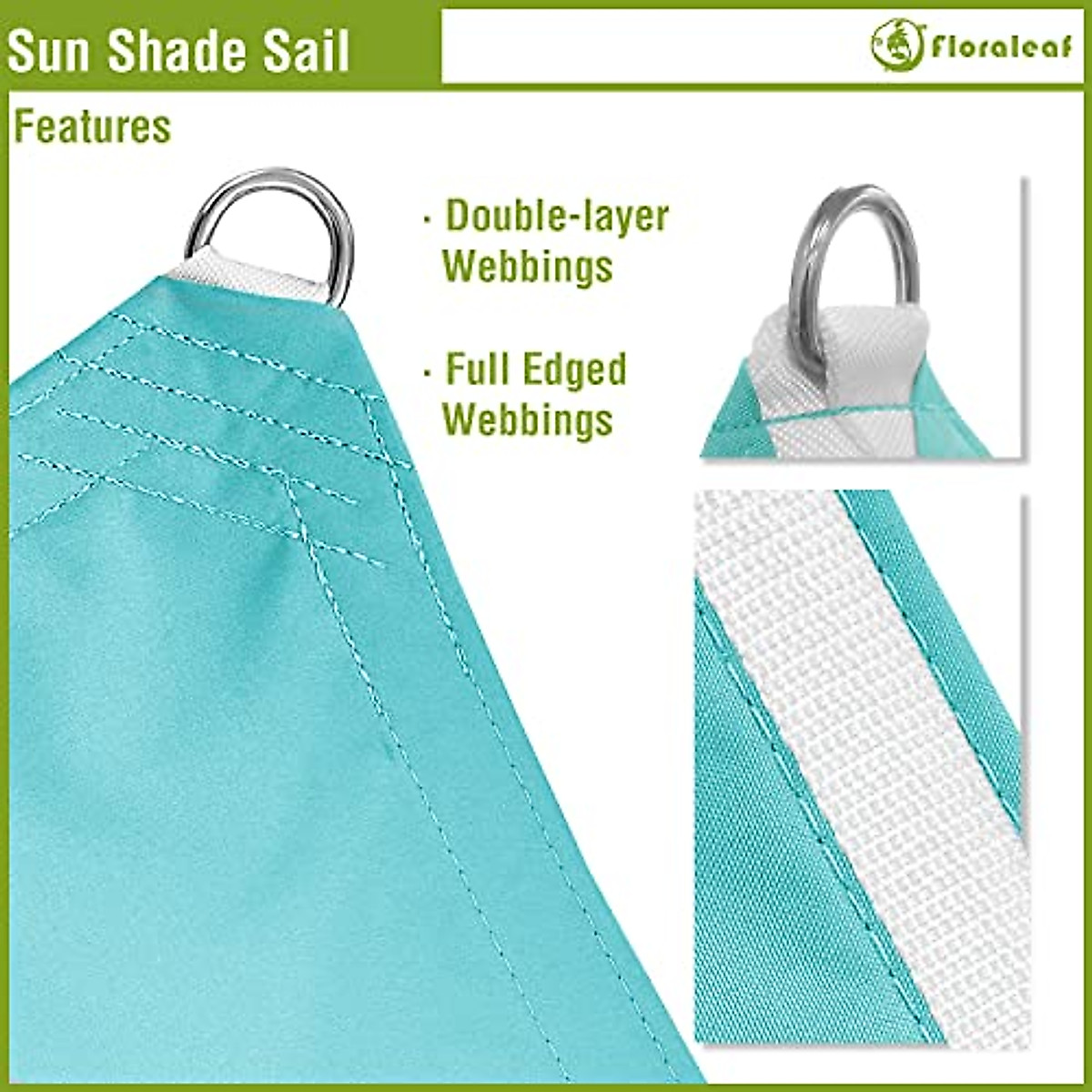 FLORALEAF Sun Shade Sail 16'x16'x16' Equilateral Triangle Terylene UV Block Waterproof Canopy Awning for Patio Backyard Lawn Garden Outdoor Activities, Turquoise