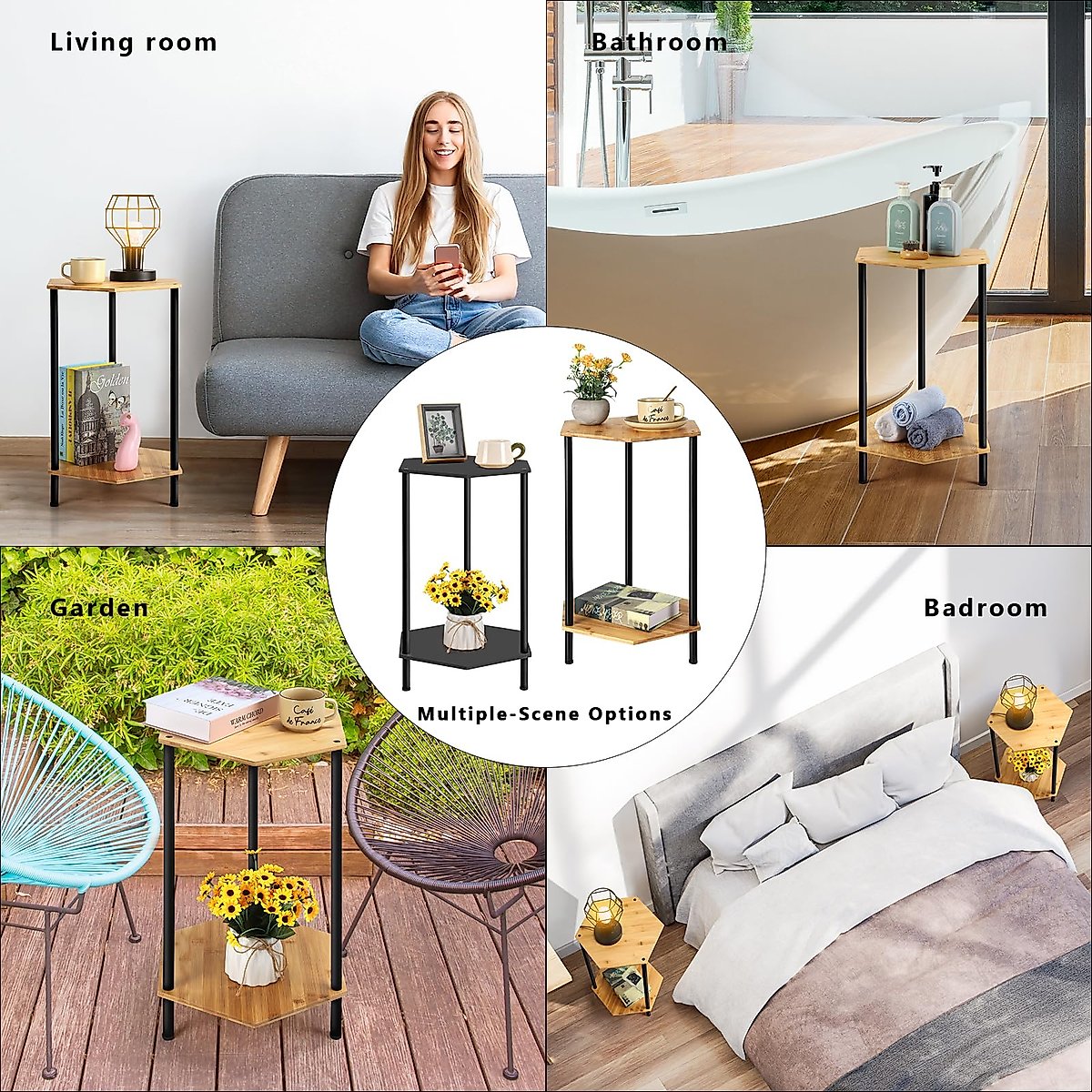 SEHERTIWY Bamboo Side Table Set of 2, Hexagon Nightstands for Bedrooms, Side Tables for Small Spaces, Modern Coffee Table, 2 Tiers Rustic Accent Tables for Bedroom