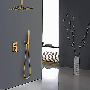 Iriber Champagne Bronze Ceiling Mount Rain Shower System with 12 Inch Shower Head and Handheld Bathroom Brushed Golden Shower Set Contain Shower Faucet Mixer Brush Gold Trim Kit (Valve Included)