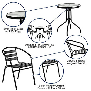 Flash Furniture 23.75'' Round Glass Metal Table with 2 Black Metal Aluminum Slat Stack Chairs