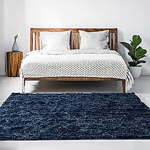 Signature Loom Fluffy Shaggy Area Rug 8x10 – Soft Fuzzy Velvet Rugs for Girls Bedroom – Shaggy Carpet for Kids Room with Non-Slip Bottom – Soft Fluffy Throw Rug Indoor Living Room Carpet, Navy Blue