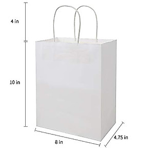 bagmad 50 Pack Sturdy Medium White Gift Paper Bags with Handles Bulk, Kraft Bags 8x4.75x10 inch, Craft Grocery Shopping Retail Party Favors Wedding Bags Sacks (White, 50pcs)