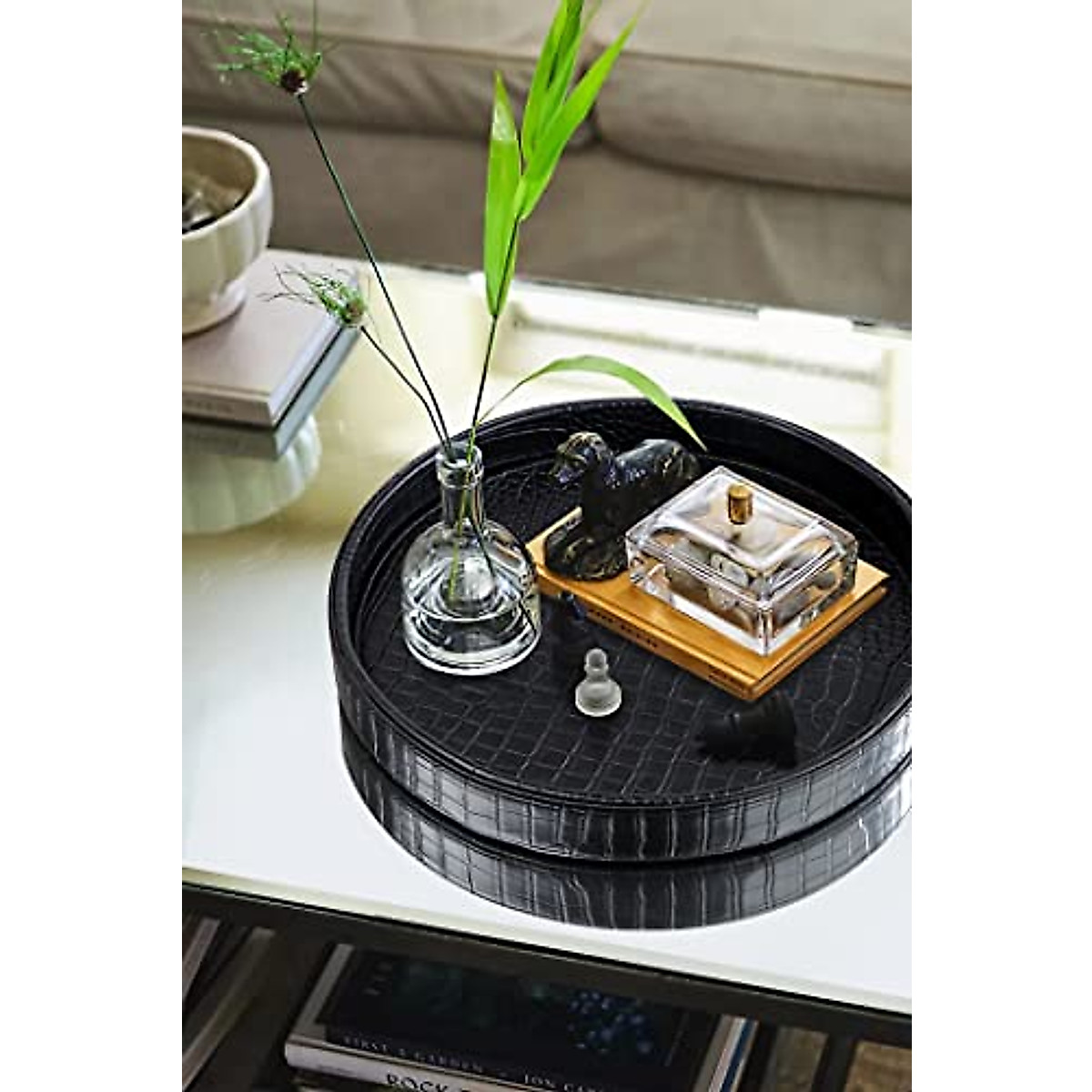 HofferRuffer Faux Leather Round Serving Tray, Vegan Croco Leather Decorative Tray, Food Tray for Storage Drinks, Snack & Cosmetics, Dia.12'' x 1.6'' (Black)