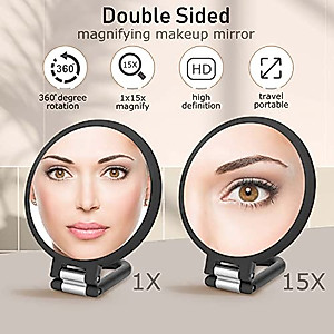 CLSEVXY Magnifying Handheld Mirror Double Sided, 1X 15X Magnification Hand Mirror, Travel Folding Held Adjustable Rotation Pedestal Makeup Desk Vanity