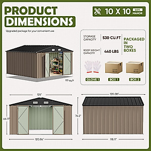 TREEVAN Outdoor Storage Sheds 10x10 FT, Outdoor Metal Shed with Vents and Lockable Door for Patio Storage, Brown