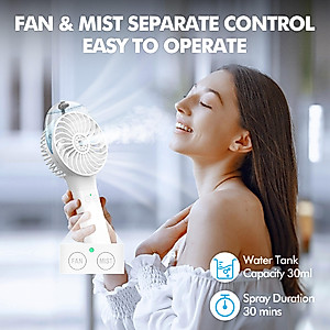 MORECORE Portable Misting Fan, 180° Foldable Handheld Personal Fan with Mist Spray, 3 Adjustable Wind Speeds, USB Rechargeable for Travel Outdoors Makeup Camping Home Office (White)