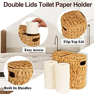 FairyHaus Wicker Toilet Paper Storage Basket with Lid & Handles, 4 Rolls Handwoven Toilet Paper Holder with Storage, Natural Water Hyacinth Toilet Paper Holder Stand Basket for Bathroom